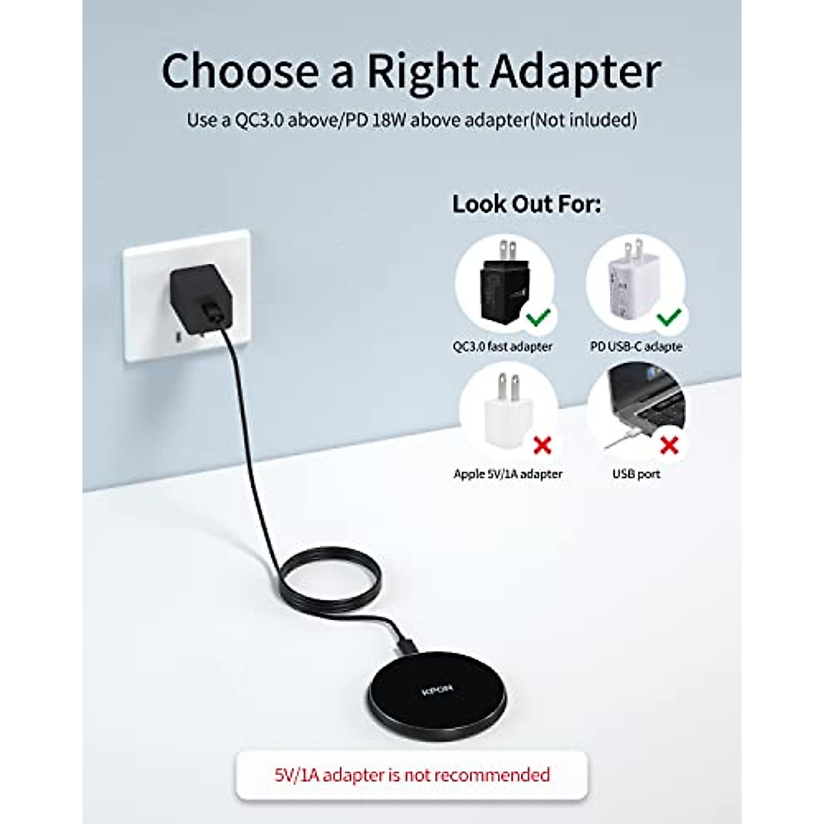 KPON Wireless Phone Charger for Thick Cases Up to 10mm - 15W Max Wireless Charging Pad for iPhone 14/13/12/11/SE/X/8/Wireless Phones - Compatible with Popsocket/Otterbox (Adapter Not Include)