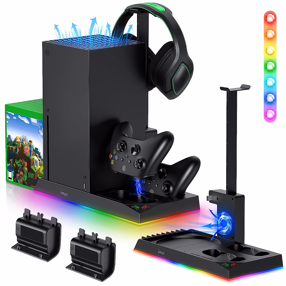RGB Charging Stand with Cooling Fan for Xbox Series X Console &Controller,Dual Charger Station Cooler System Accessories with 15 RGB Light,2x1400mAh Rechargeable Battery,Headphone stand,Game Disc Slot