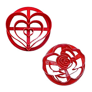 YNGLLC LOVE THEMED HEART ROSE DESIGNS SET OF 2 CONCHA CUTTERS MEXICAN SWEET BREAD STAMP MADE IN USA PR1632, Red