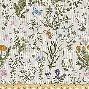 Ambesonne Floral Fabric by The Yard, Vintage Garden Plants Herbs Flowers Botanical Classic Design Art, Decorative Fabric for Upholstery and Home Accents, 1 Yard, Pink Blue