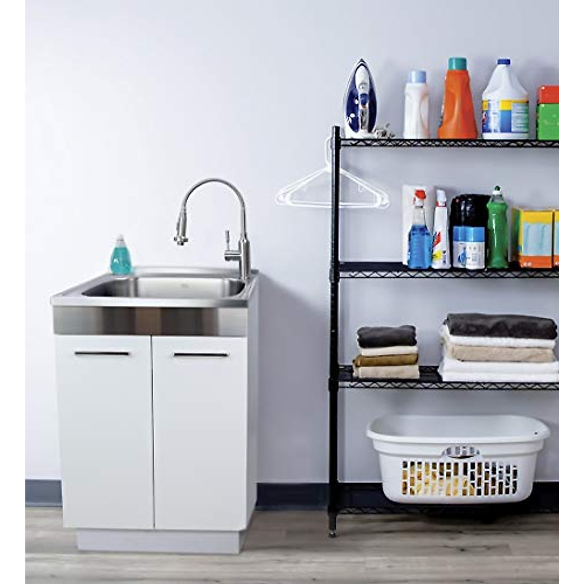 Transolid TCAB-2420-WS 24-in Laundry Cabinet Sink, Stainless Steel High Arc Faucet, and Basket, White
