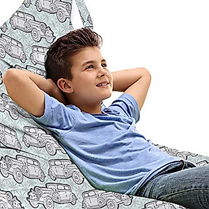 Ambesonne Vintage Lounger Chair Bag, Retro Cars Pattern on Floral Damask Background Automobile Fashion Art, High Capacity Storage with Handle Container, Lounger Size, Pale Blue Dust and White