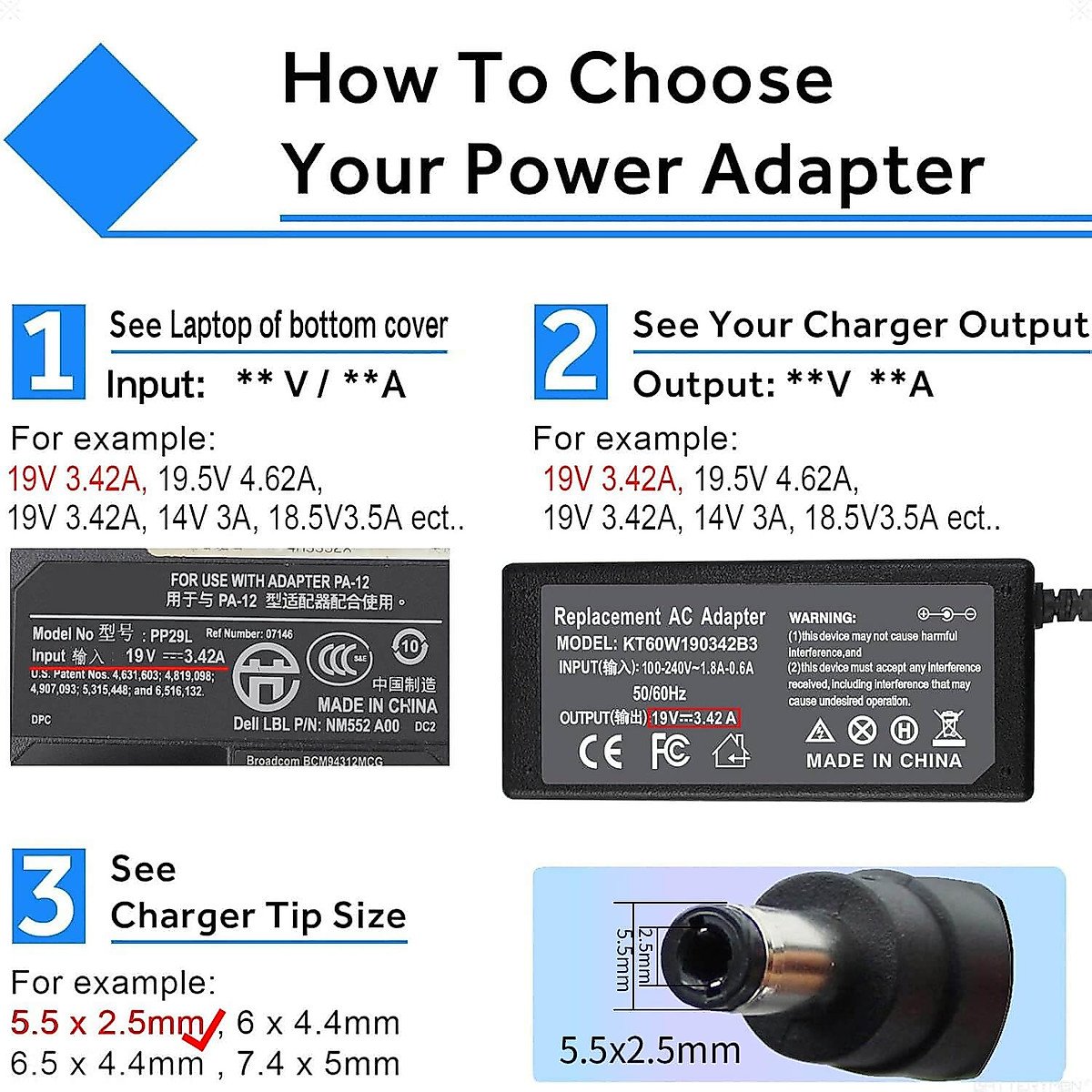 65W 19V 3.42A Laptop Charger for Toshiba Satellite C55 C55D C55T C655 C655D C675 C855 C855D L55 L655 L675 L745 L755 L775D L855 P755 P845T P855 P875 Portege Z30 Z930 Z830 Power Supply Cord
