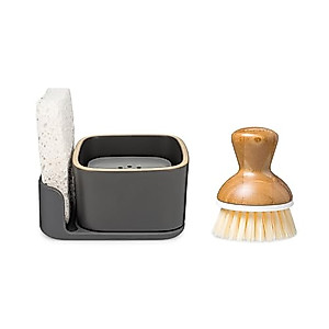 Full Circle Bubble Up Combo - Elegant Gray Ceramic Soap Dish with Eco Sponge & Bamboo-Handled Dish Brush - Versatile Natural Kitchen Cleaning Set Tool for Pots, Pans, Counter & Sink, Gray