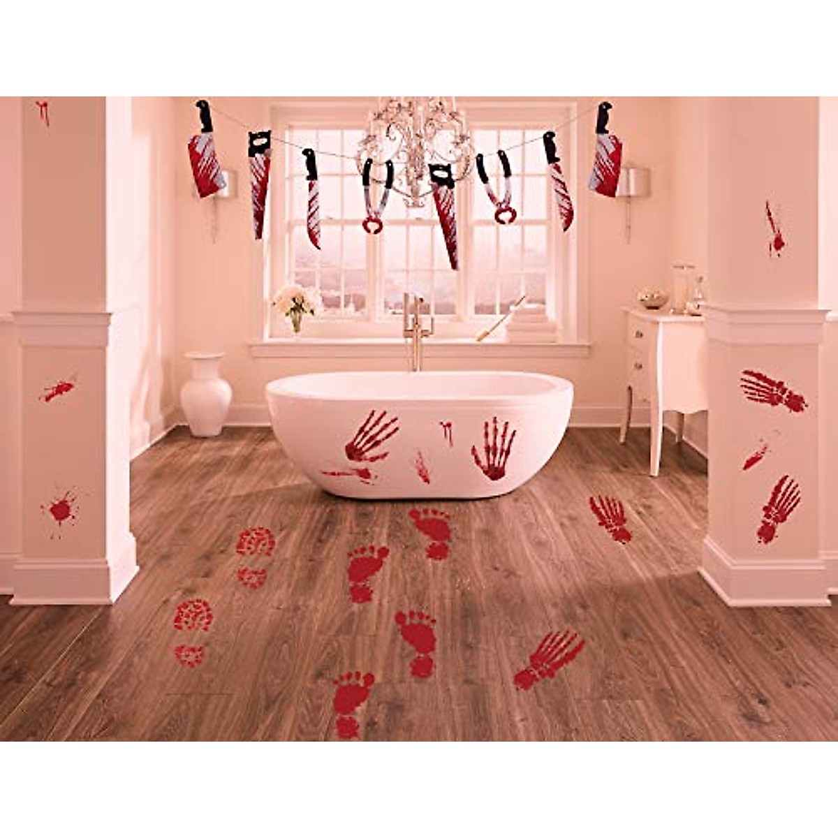Halloween Decorations Set - Bloody Backdrop & Garland Banner & Footprints Handprints Floor Clings Decals - Zombie Vampire Party Supplies Garage Yard Outdoor Indoor Decor