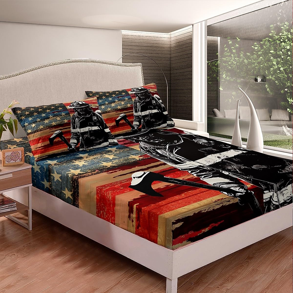 Firefighter Kids Sheet Queen Size,American Flag Retro Bedding Set,Boys Men Room Decor,Fireman Firefighting Theme Red Black Bed Sheet Set 4pcs(Fitted + Flat + 2 Pillowcases)