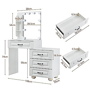 JBLCC Makeup Vanity Table with Lighted Mirror,Makeup Vanity with Lights and Drawers, Storage Shelves, Vanity Desk for Woman Girls, White (5951)