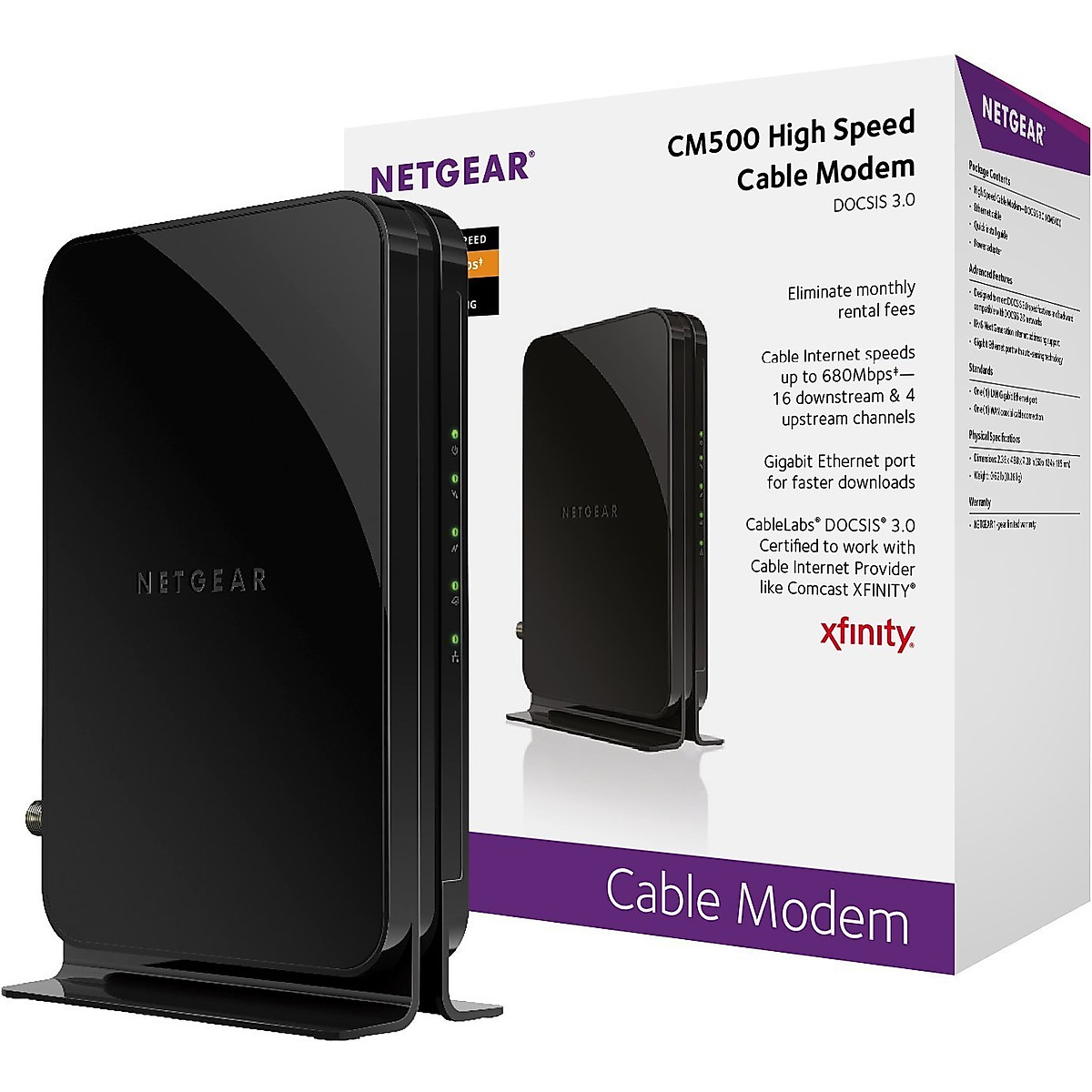 NETGEAR CM500-100NAR DOCSIS 3.0 Cable Modem with 16x4 Max Download speeds of 680Mbps. Certified for XFINITY by Comcast, Time Warner Cable, Cox, Charter & More(Renewed)