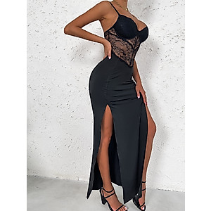 SOLY HUX Women's Sexy Lace Trim Split Hem Spaghetti Strap Cami Dress Long Maxi Dresses Solid Black L