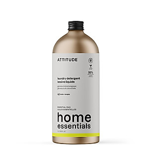 ATTITUDE Laundry Detergent with Essential Oils, EWG Verified, Vegan, Plant and Mineral-Based Ingredients, HE, Refillable Aluminum Bottle, 40 Loads, Geranium and Lemongrass, 33.8 Fl Oz