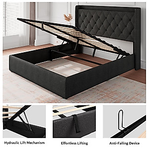 iPormis Queen Size Lift Up Storage Bed Frame with Charging Station, Upholstered Platform Bed Frame with Tufted Headboard, Hydraulic Storage, No Box Spring Needed, Noise-Free, Easy Assembly, Dark Grey