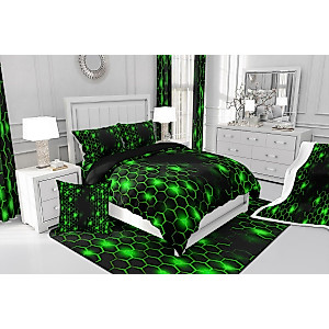 Feelyou Green and Black Duvet Cover 100% Cotton Queen Size Boys Girls Honeycomb Bedding Set for Kids Geometry Hexagon Comforter Cover Set Geometrical Bedspread Cover Room Decor Bedclothes Zipper