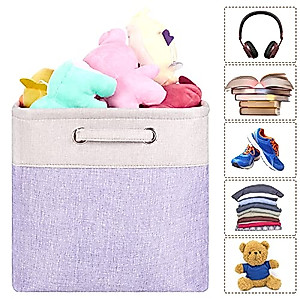 Fabric Cube Storage Bins Foldable Storage Boxes Light Purple and Silver Khaki Patchwork Storage Baskets Cubes Storage Bins with Handle Cube Inserts Storage for Home and Office Supplies 13x13x13 cube organizer bin Pack of 3