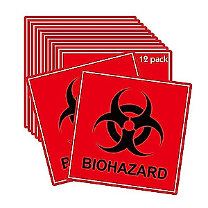 12 Pack Biohazard Stickers Sign Biohazard Warning Labels 4Inch Universal Biohazard Symbol Vinyl Waterproof Hazardous Materials Warning Stickers for Labs, Hospitals and Industrial Use