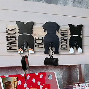 Personalized Dog Leash Holder for Wall Custom Name, Wooden Dog Butt Leash Hook, Decorative Key Rack Hooks Hanger for Entryway, Hallway, Farmhouse Dog Items Storage Organizer (3 Dog)