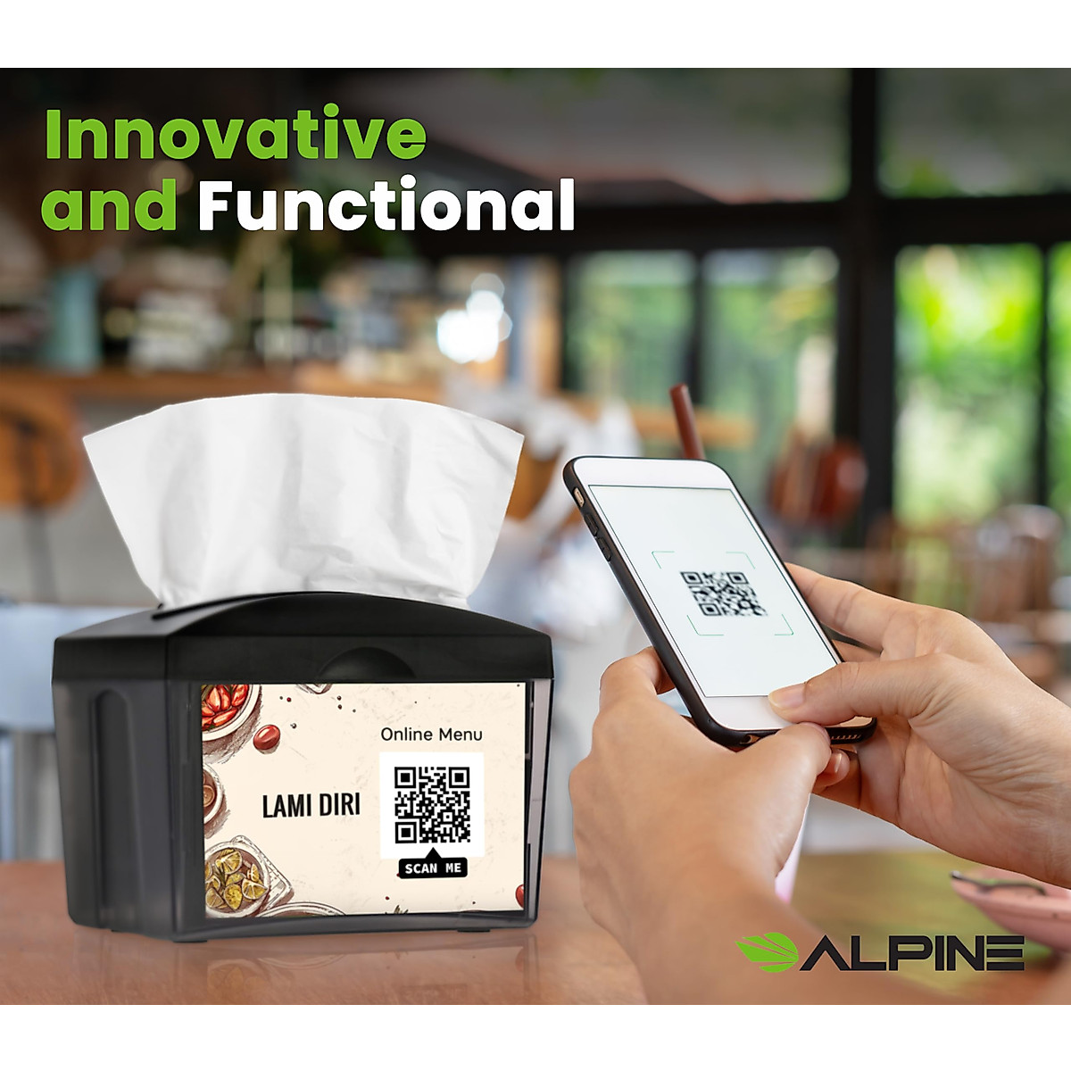 Alpine Tabletop Commercial Napkin Dispenser Restaurant Napkin Holder for Easy Access to Interfold Napkins from Both Sides with an Insert Marketing Space for Restaurants, Cafeterias, Food Trucks, Club