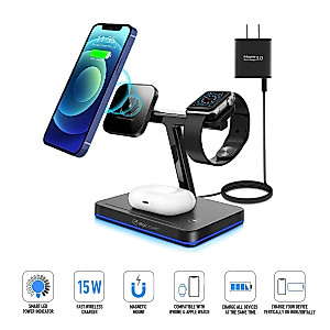 Digipower Wireless Charger - 3 in 1 Magnetic Charging Station - Fast Wireless Charger Stand for iPhone 14/13/12/Pro/Max, for Apple Watch 7/6/5/4/3/2/SE, AirPods 3/2/Pro