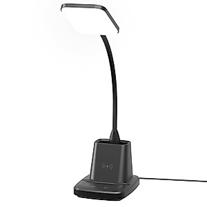 Sailstar LED Desk Lamp with Wireless Charger, Black Desks Lamp for Home Office, 3 Color Modes, Stepless Dimming, CRI 85, 800 Lumen, Study Lamp with Pen Holder for College Dorm Room, Adapter Included