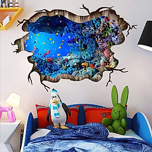 BOSUE SLLXG 3D Underwater World Wall Decal Home Floor Stickers Decor Vivid Fish Sea Turtle Broken Animals Art Wall Decal Under The Sea Bathroom Bedroom Decor Floor Sticker Nursery -80*120cm