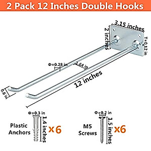Wall-Mounted Steel Long-Handled Tools Storage Rack, 12 Inch Steel Garage Utility Double Hooks Organizing Ladders, Rakes, Hose, Shovel, Brooms, Max Capacity 55Lbs (Pack of 2 )