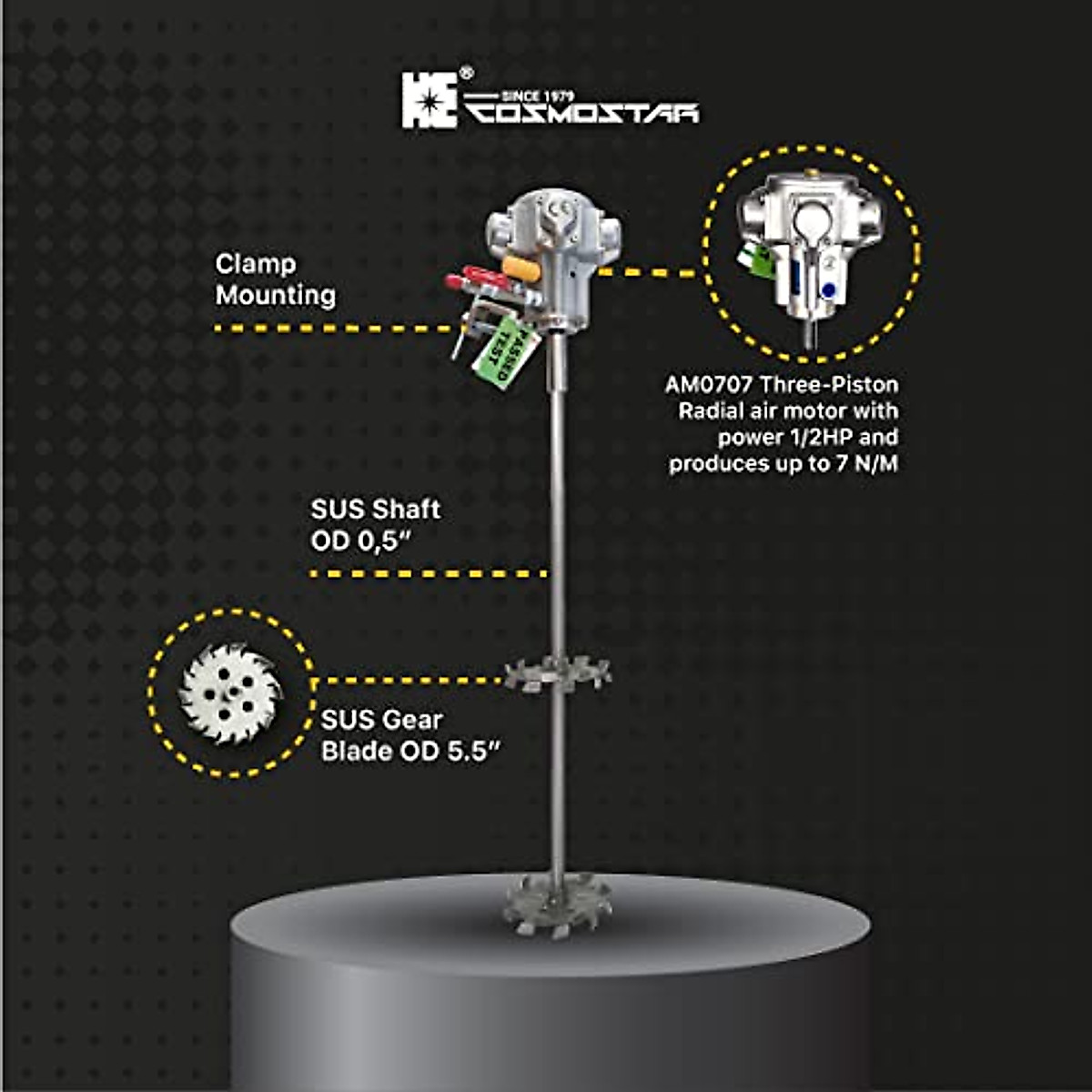 COSMOSTAR 55 Gallon Pneumatic Agitator 1/2 HP, 7 N.M Clamp Mount Tank Barrel Drum Mixer | Paint Agitator, Pneumatic Bracket Mixer, Paint Stirring Machine Bracket Air Agitator Paint Mix Tool