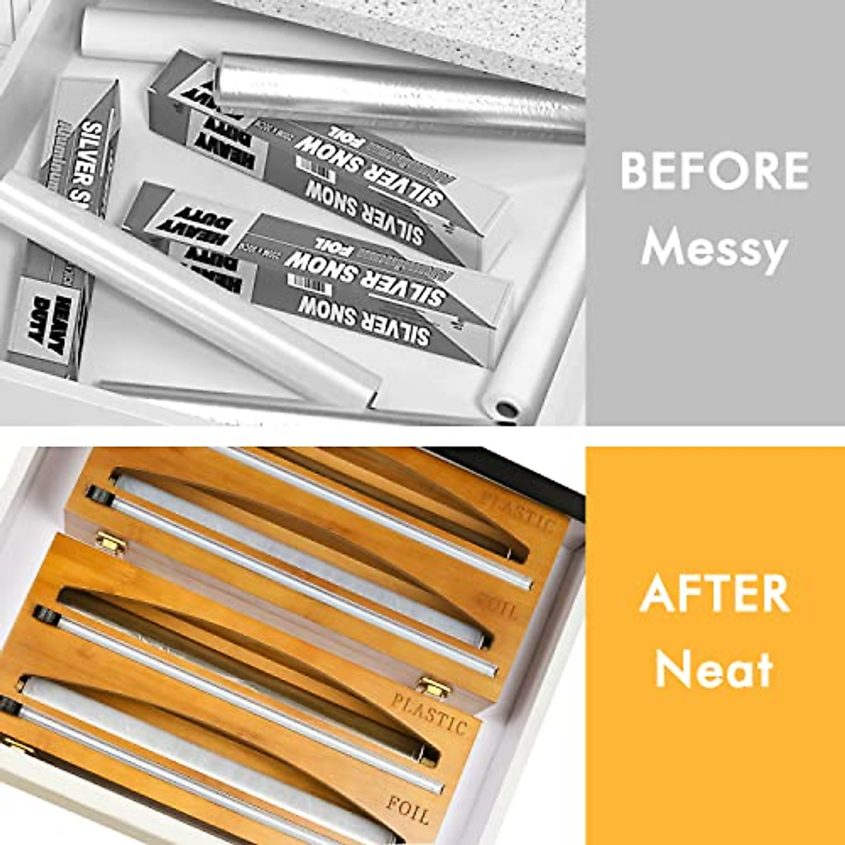 Besititli Foil and Plastic Wrap Organizer with Cutter, 2 in 1 Wrap Dispenser, Bamboo Foil Organizer for Drawer, Aluminum Foil Dispenser, Plastic Wrap Dispenser for Kitchen Organization and Storage