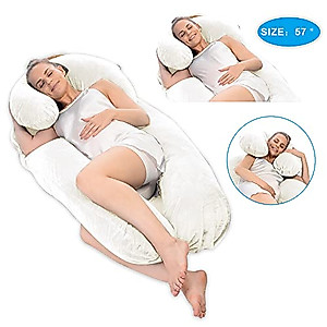 MANDZIXIN Pregnancy Pillow, Maternity Body Pillow with Velvet Separate Support Pillow and Removable Cover,Side Sleeping and Back Hips, Legs, Belly Support for Pregnant Women (White, U Shaped)