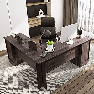 Tangkula L-Shaped Office Desk with Storage Drawers & Keyboard Tray, Home Office Corner Computer Desk with Cabinet & Inner Adjustable Shelf, Space-Saving Study Writing Desk, Computer Workstation