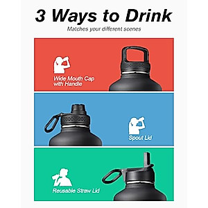 64 oz Water Bottle Insulated with Straw & 3 Lids, Coolflask Large Metal Stainless Steel Water Jug Big Half Gallon Wide Mouth for Sports, Gym or Office, BPA-Free Keep Cold 48H Hot 24H, Magic Black