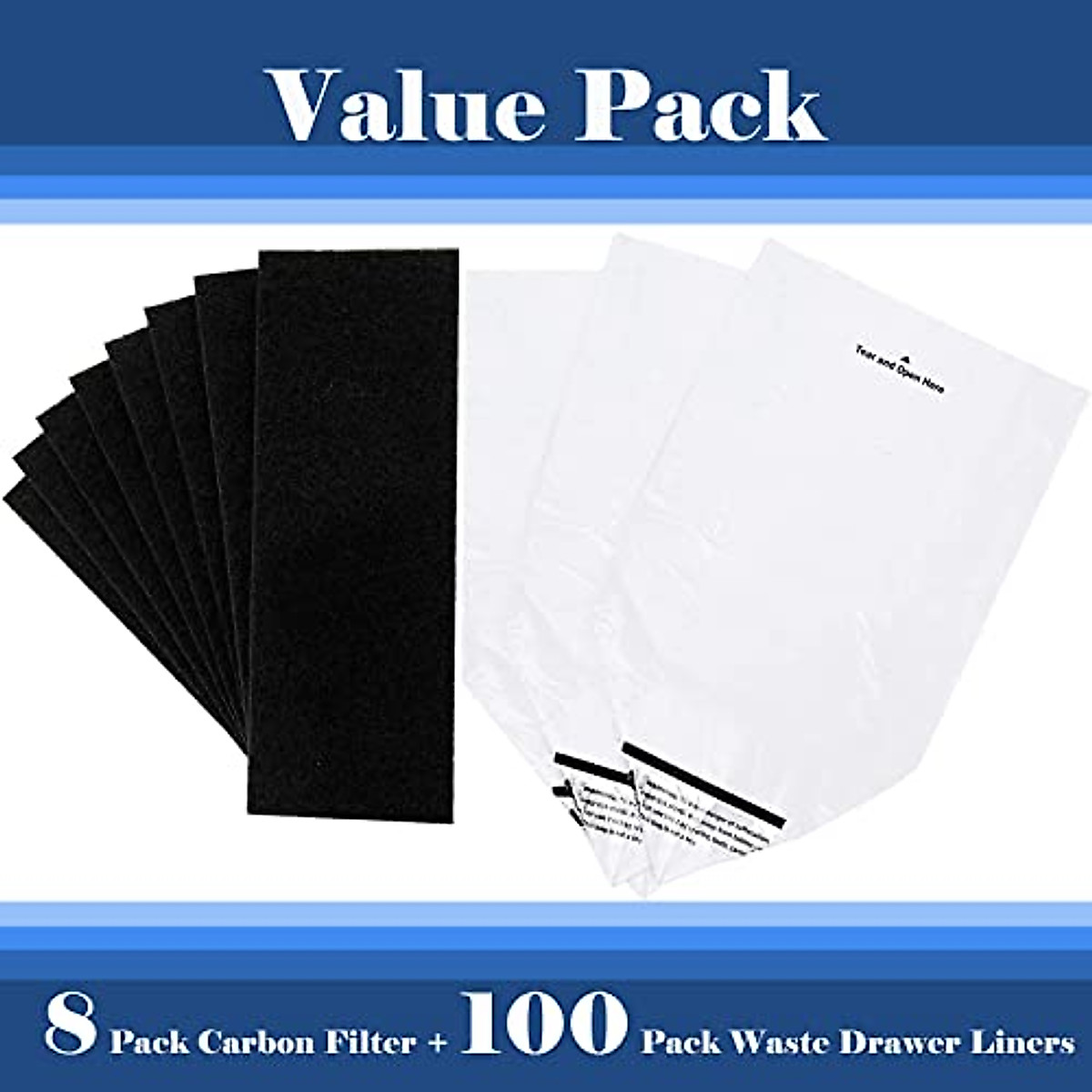 100 Pack Waste Drawer Liners Compatible with All Litter Robot Models, 9-11 Gallons Litter Box Liners, Plus 8 Pack Activated Charcoal Filters