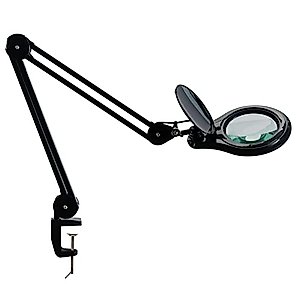 Bemelux LED Magnifying Lamp with Clamp, 5 Inch Magnifier Glass Lens, Metal Swing Arm Dimming 1200 Lumens Lighted Magnifying Desk Lamp for Crafts, Bright 60PCS LEDs - 2.25X Magnification(Black)