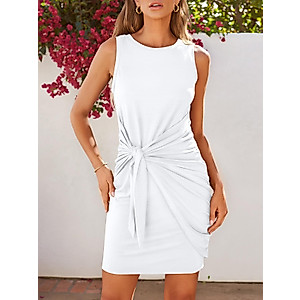 LILLUSORY Women Summer Tie Wrap Tank Short Mini Tshirt Dresses 2025 Trendy Spring Sun Vacation Outfits Casual Work Cute Bodycon Ruched Little T Shirt Sundress Clothes White XL
