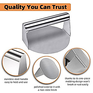 Koicarpe Burger Press - Stainless Steel Burger Smasher Tool - Smooth & Non-Stick Surface - Round Utensil for Grilling Meat Patty, Steak, Hot Dog, Grill Flattener for Steaks, Panini, Sandwich, 5.5x5.5