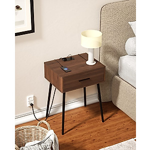 HAIOOU Set of 2 Mid Century Nightstand with Charging Station, End Table Modern Side Table One Drawer with Premium Matte Black Handle and Pine Wood Legs for Home Bedroom Living Room