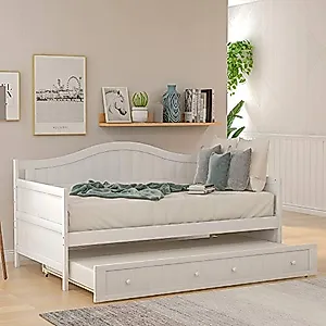 Lifeand Twin Wooden Daybed with Trundle Bed, Sofa Bed for Bedroom Living Room,White