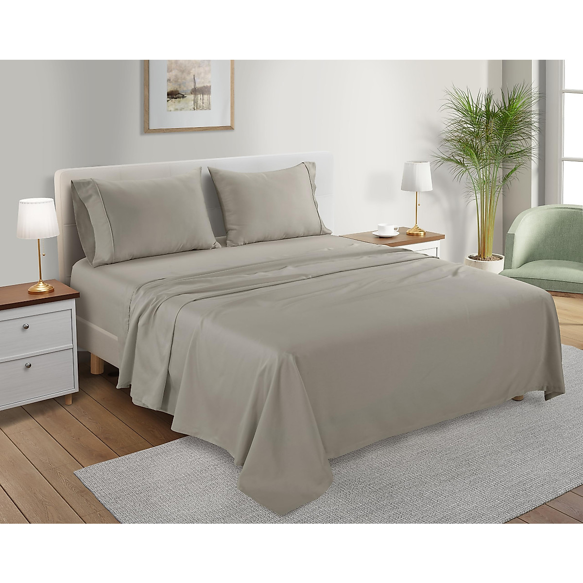 100% Organic Cotton Queen Sheet Set & Standard Pillowcases Set of 2 Combo- 300 Thread Count Long Staple Cotton Sheets,3 Pc Queen Size Sheets & Standard Pillowcases, Sateen Sheets, Breathable - Silver