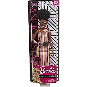 Barbie Fashionistas Doll #135 with Natural Curly Hair and Vitiligo Wearing Striped Dress and Accessories