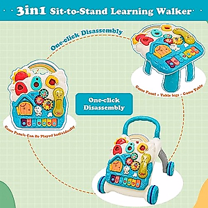 Sit-to-Stand Learning Walker 3 in1 Baby Walker Early Education Activity Center with Lights Sounds Music Phone Multifunctional Removable Play Panel Educational Push Toy Gift for Boys Girls
