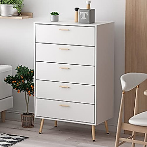 Homsee Modern Dresser Storage Chest with 5 Drawers, Wood Dresser Chest with Gold Metal Legs and Handles for Bedroom, Living Room, White (27.4”L x 15.6”W x 44.9”H)