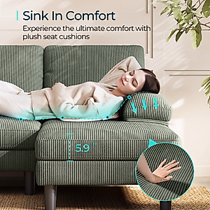 LINSY HOME U Sectional Couch, 111'' W Corduroy Sofa with Sleepable Armrests, 4 Seat Couch with Double Chaises, Deep Sofa for Living Room, Army Green