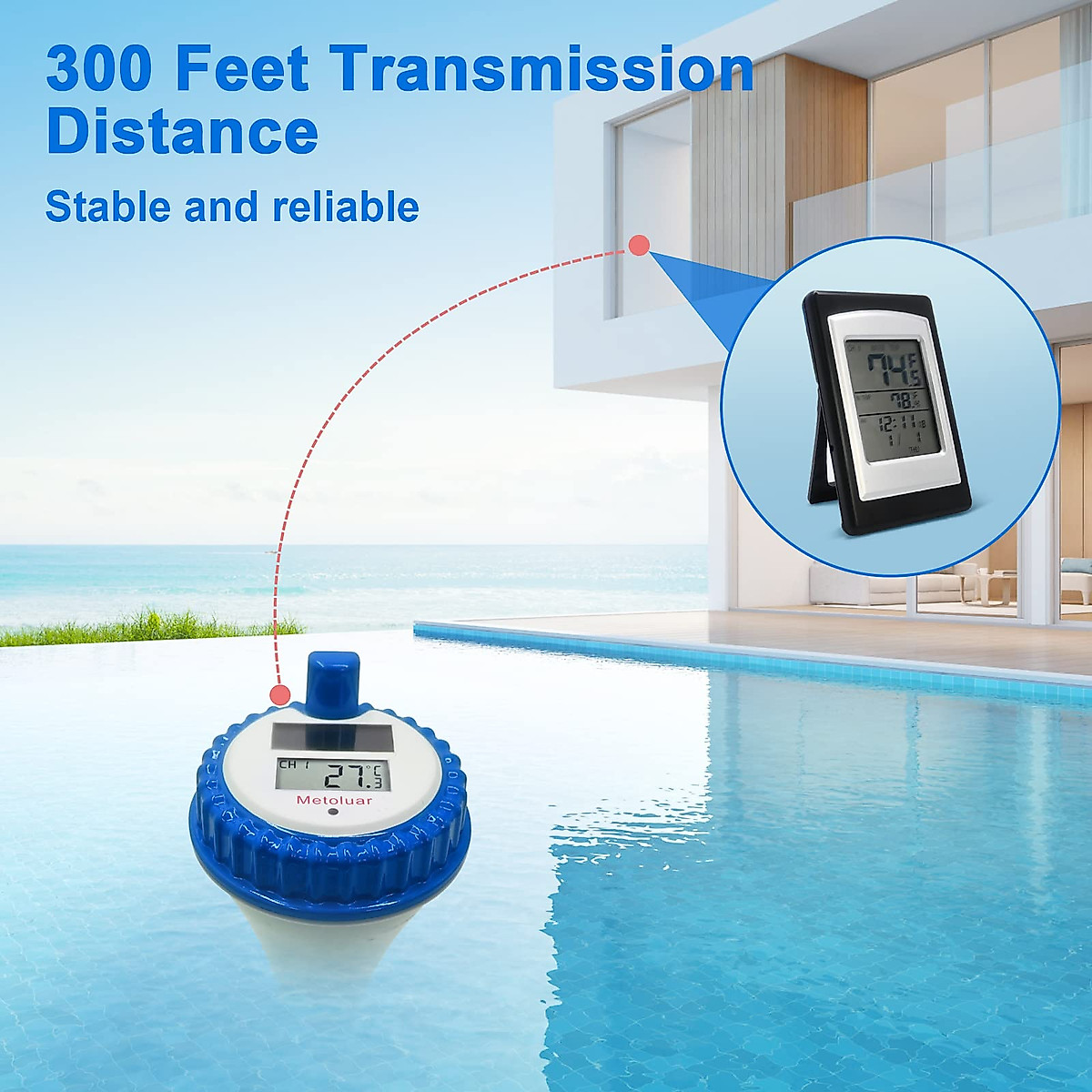 Metoluar Pool Thermometer, Wireless Floating Easy Read, Best Solar Remote Digital Outdoor Floating Thermometers for Swimming Pool, Bath Water, and Hot Tubs