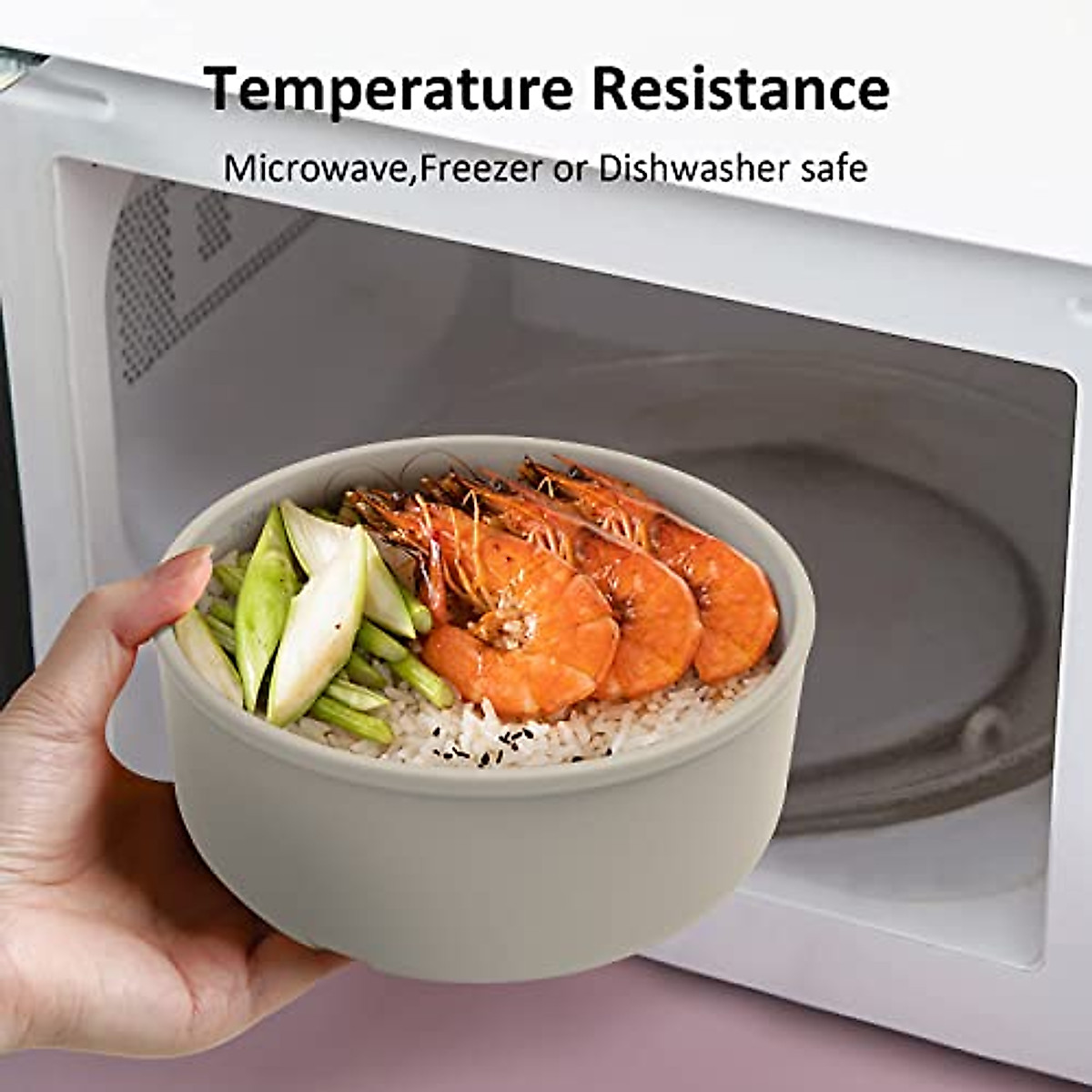 KVK Silicone Food Storage Bowl Large Lunch Container with Leakproof Strap(16.9oz, 25.4oz, 42.3oz) - Reusable for Bento Box, Food Leftover Storage, Meal Prep with Lid - Oven Freezer Safe - Light Grey