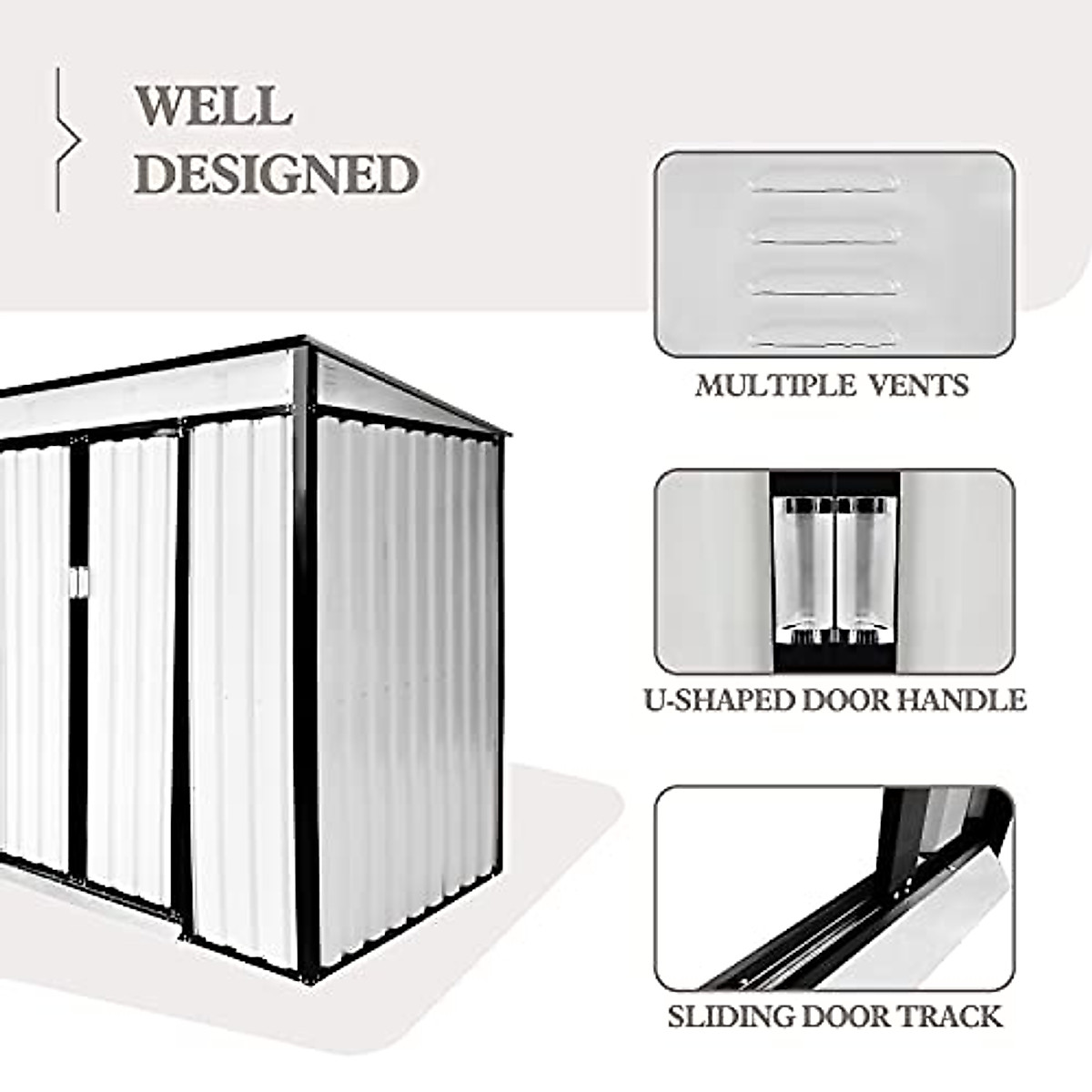 SOLAURA 6'x4' Outdoor Vented Storage Shed Garden Backyard Tool Steel Cabin (White)