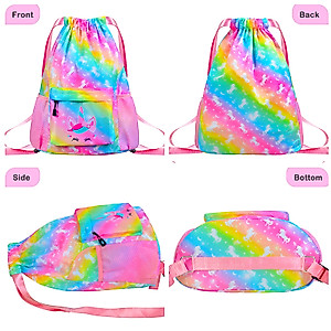 AuSleti Waterproof Drawstring Bag, Girls Beach Bag for Swimming, Gym Bag Sackpack Sports Backpack for Kids Girls, Rainbow Unicorns Gifts for Girl Drawstring Backpack