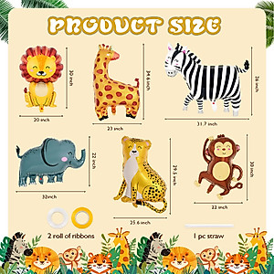 6 Pcs Safari Balloons,Jungle Safari Animals Foil Balloons,Giant Zoo Animal Balloons Zebra Elephant Monkey Lion Giraffe Leopard Shaped Animal Balloons for Zoo Wildlife Theme Birthday Party Decorations