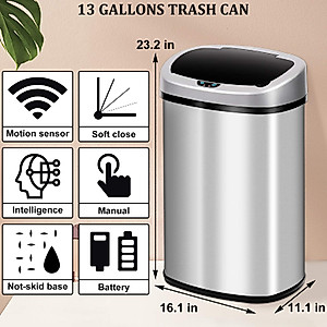 Garbage Can 13 Gallon 50 Liter, Kitchen Trash Can with Lid for Bathroom Bedroom Home Office Automatic Touch-Free Large Capacity Brushed Stainless Steel Trash Can with Lid