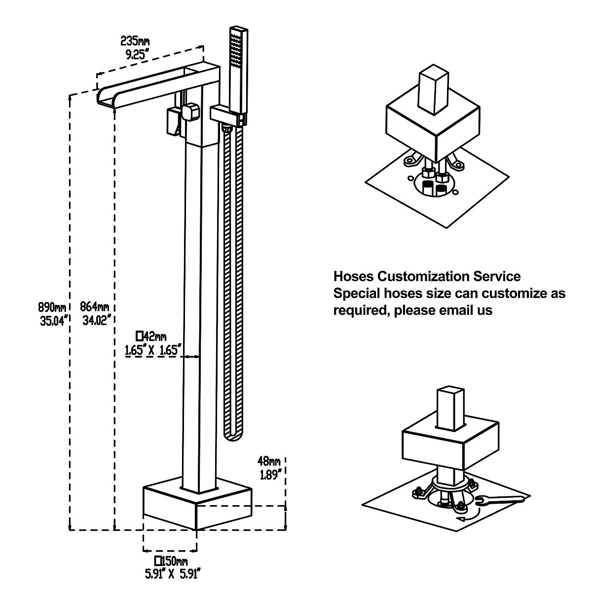 Wowkk Freestanding Bathtub Faucet Waterfall Tub Filler Brushed Nickel Floor Mount Brass Single Handle Bathroom Faucets with Hand Shower
