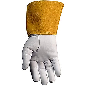 Caiman Premium Goat Grain TIG Welding Glove, 4-inch Gold Extended Cuff, Unlined, Kevlar Thread, 3-inch Carabiner, White, Medium (1600-4)