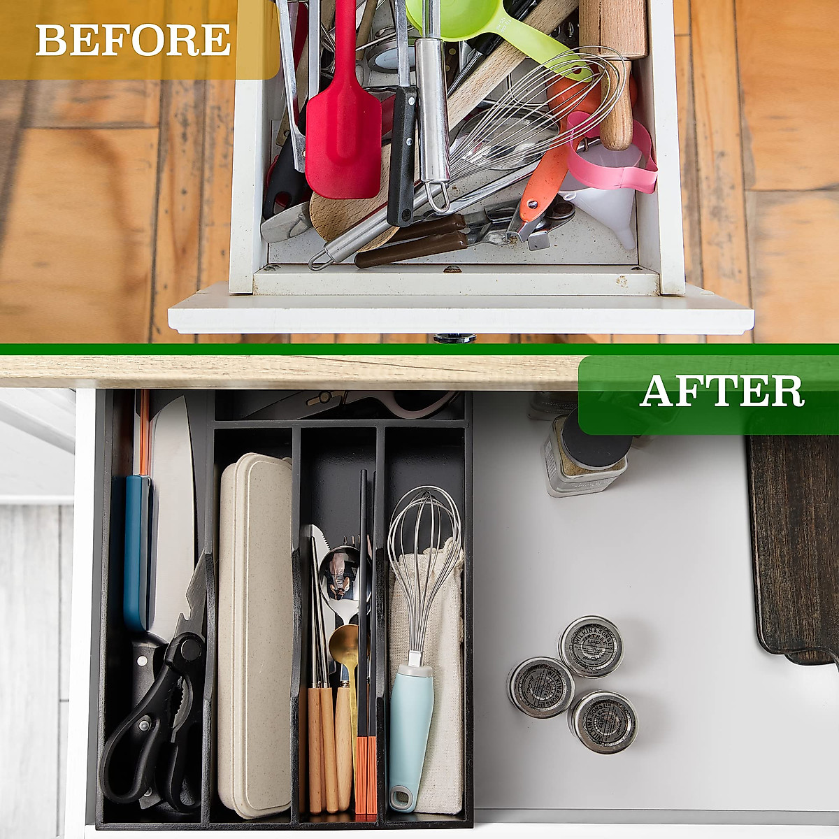 oridom 5-Slots Bamboo Silverware Drawer Organizer for Kitchen,Bamboo Wood Cutlery Tray in Drawer for Flatware and Utensils in Kitchen, (White)