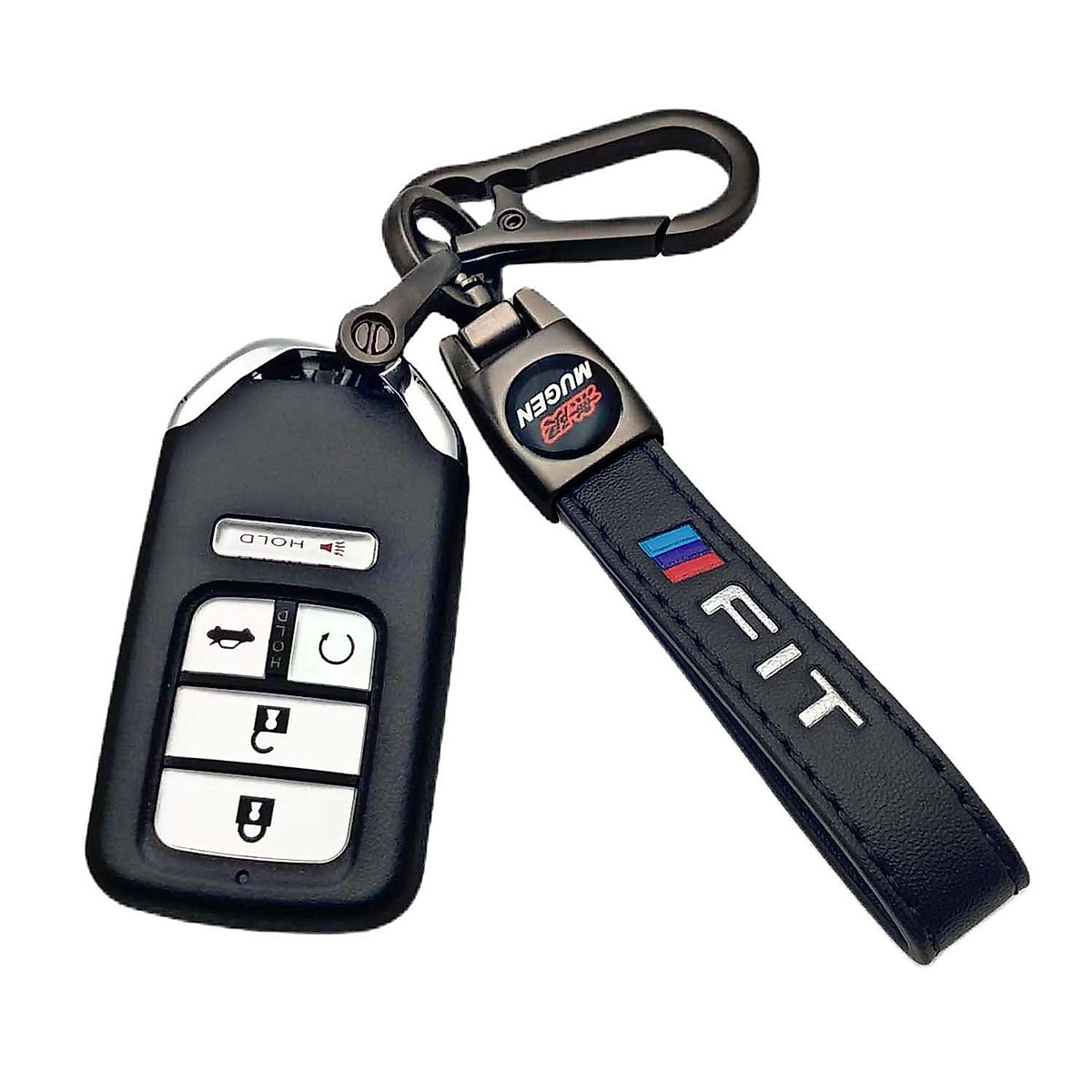 Soft leather black key chain with key ring, fine car keychain compatible with Honda (FIT)
